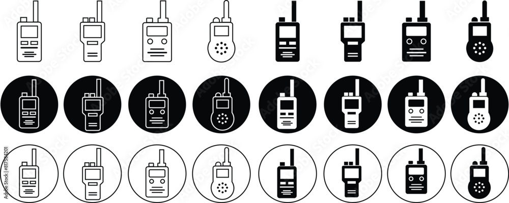 Walkie talkie icons set. Black flat elements from outdoor activity ...