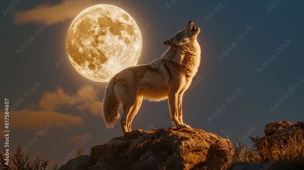 Powerful image of a wolf howling under a bright full moon, rock ...