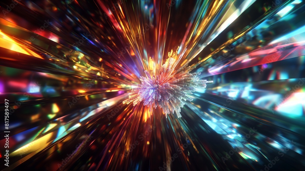 An abstract rendering of light diffraction, featuring a kaleidoscope of ...