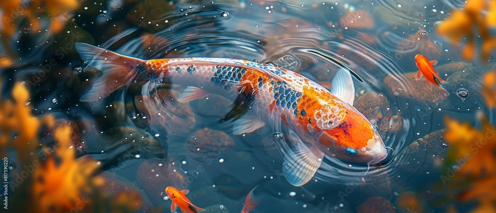 A graphic illustration of a Japanese koi fish swimming gracefully in a ...