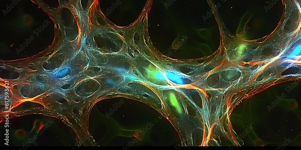 Fluorescent Stained CellsCreate a closeup image of cells under a ...