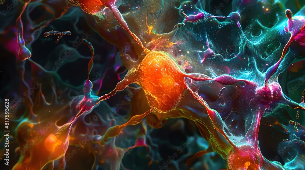 Fluorescent Stained CellsCreate a closeup image of cells under a ...