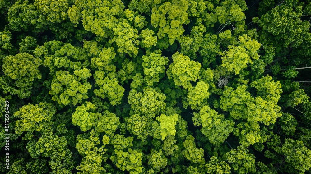 An overhead view of a dense forest canopy in spring, the new leaves ...