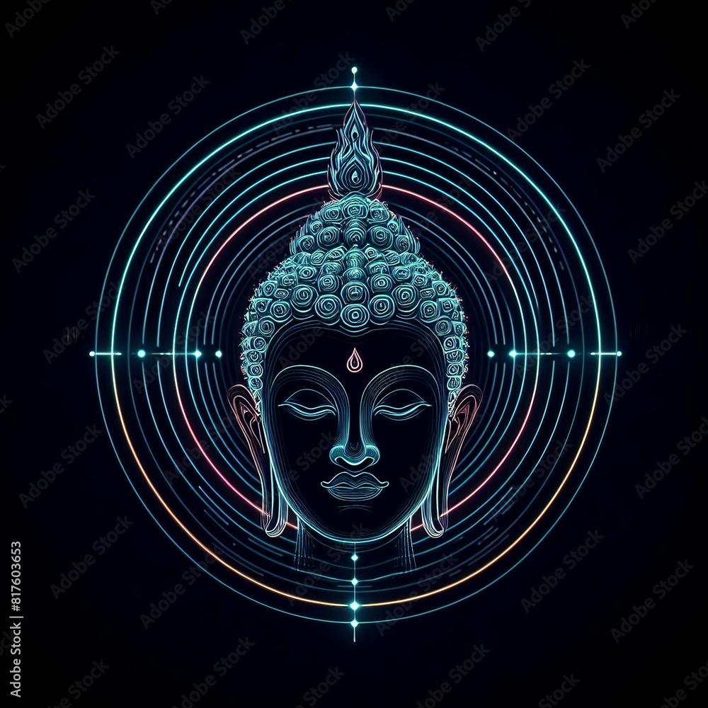 Buddha Statue Silhouette with Neon Light Lines Creating an Aura Around ...