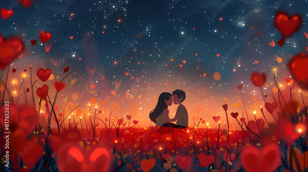 The painting depicts a loving couple sitting under a starry sky ...