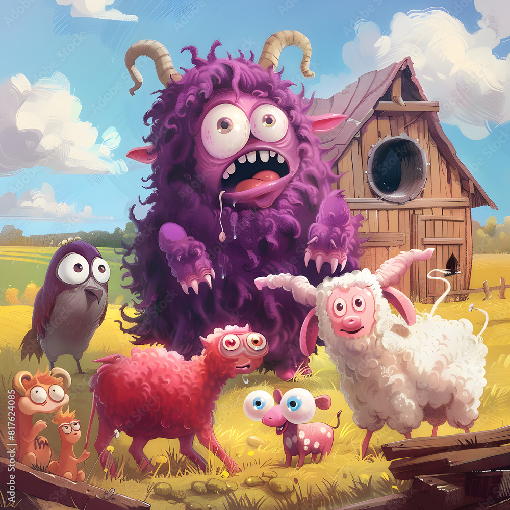 cartoon farm animals scared of a cute purple, round eye, big new ...