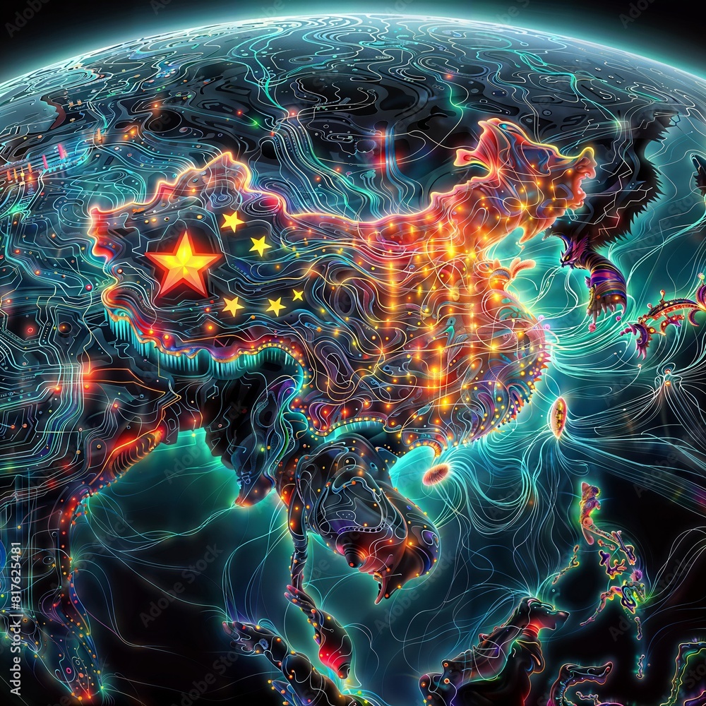 This colorful illustration of a map of China depicts nodes of energy ...