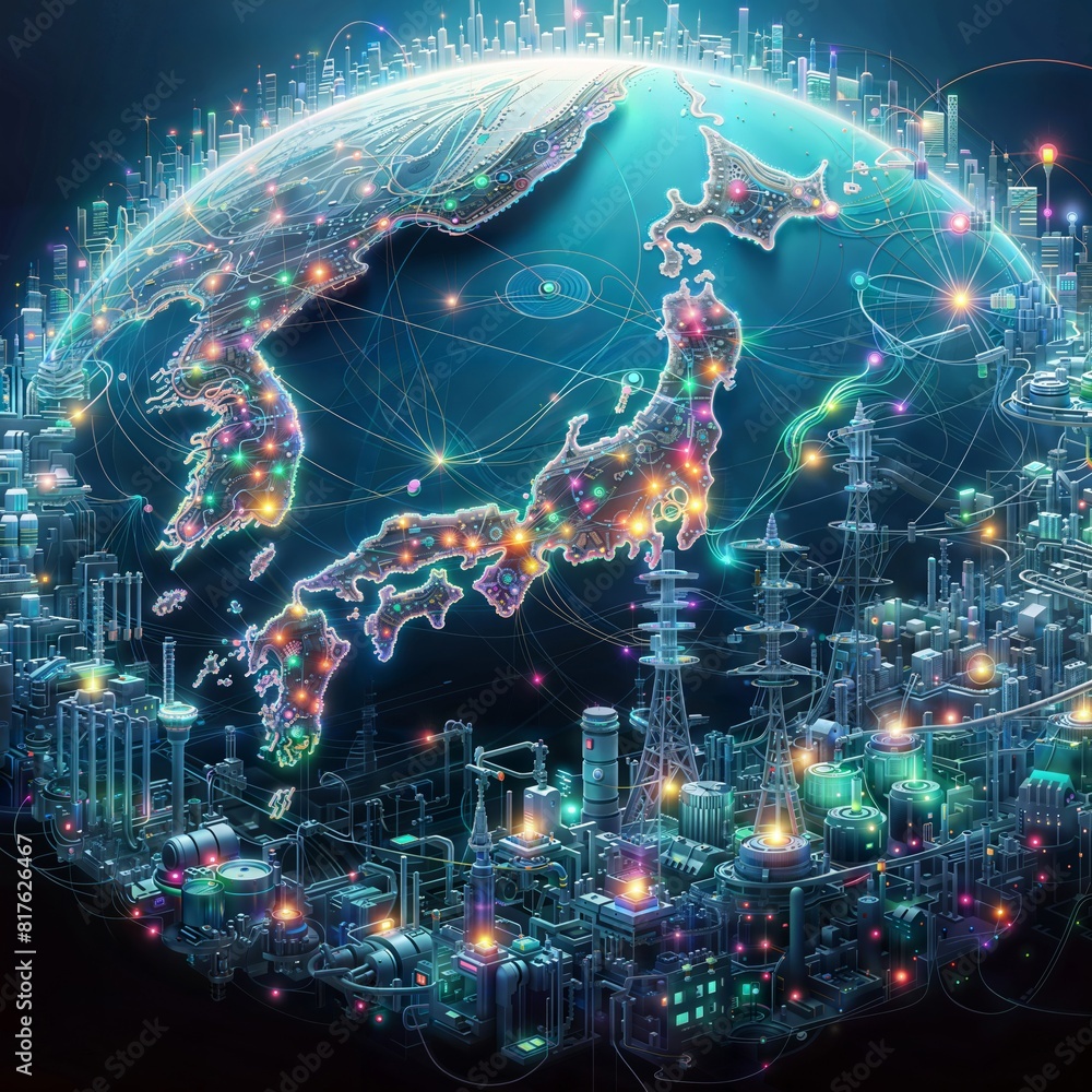 A futuristic data visualization map of Japan displaying an intricate ...