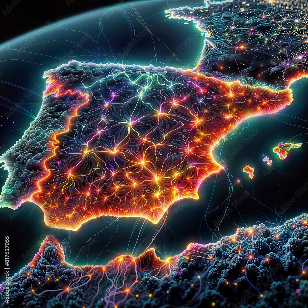 A surreal and vibrant cosmic scene portraying Spain map with glowing ...