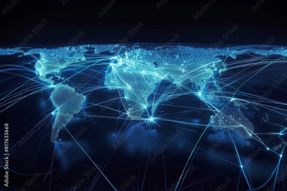 Global network map in blueprint style, major data centers marked, fiber ...