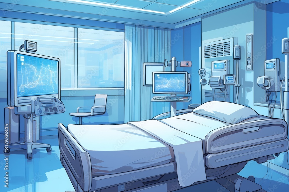 Smart hospital room illustration, integrated health monitoring systems ...