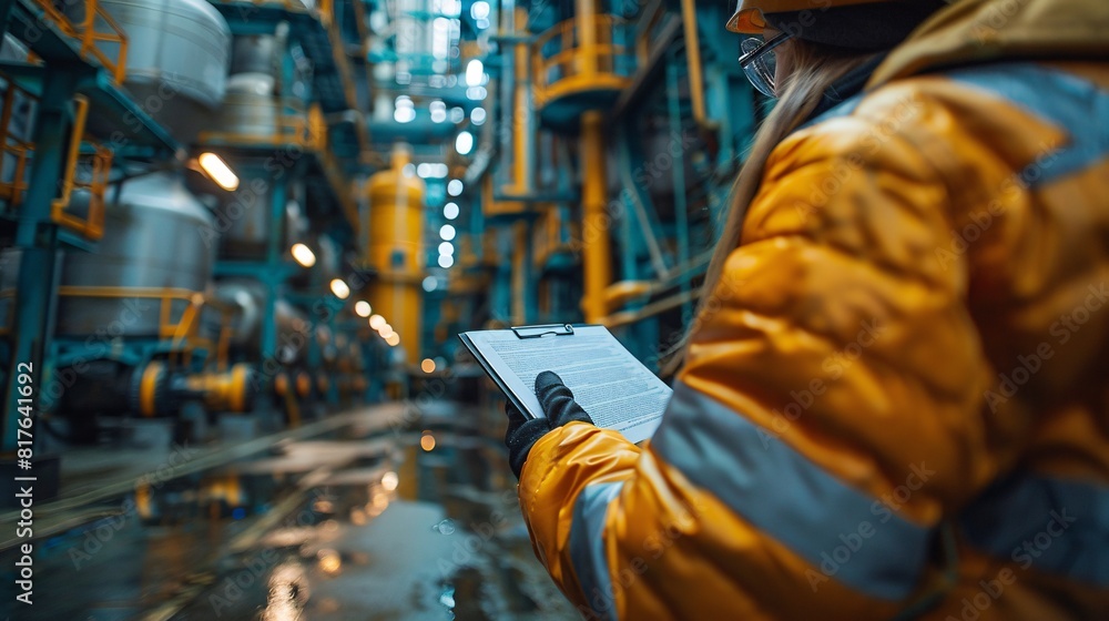 An employee is examining a dangerous substance data sheet in the ...