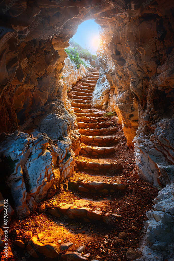 An ancient cave tunnel with rough, uneven surfaces, partially ...