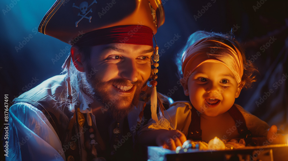 Father and child dressed as pirates with a treasure chest, adventure ...