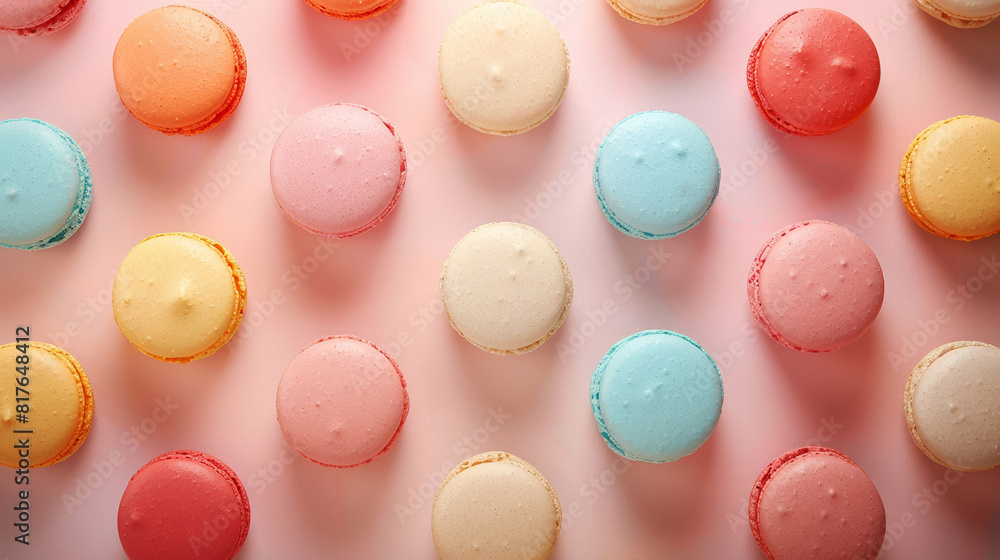 Overhead view of a colorful assortment of macarons on a pastel gradient ...