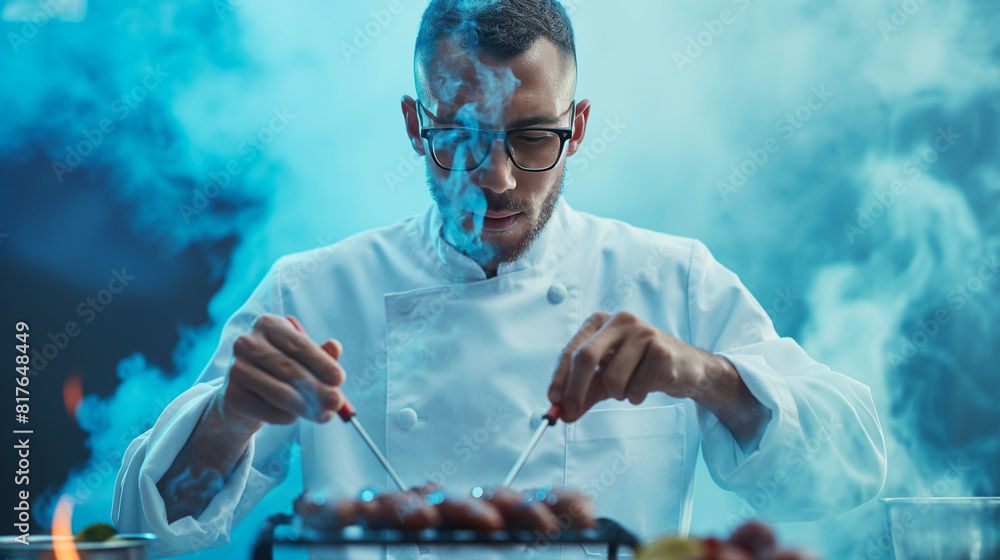 Person wearing a lab coat conducting experiments on grilling techniques ...