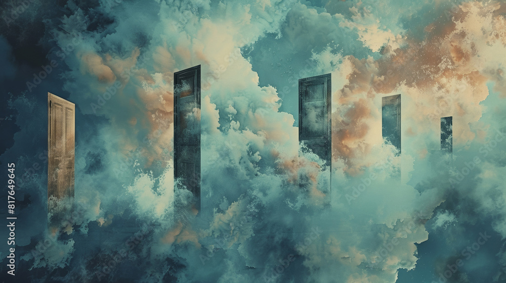 Watercolor depicting a series of doors floating in the sky, each ...