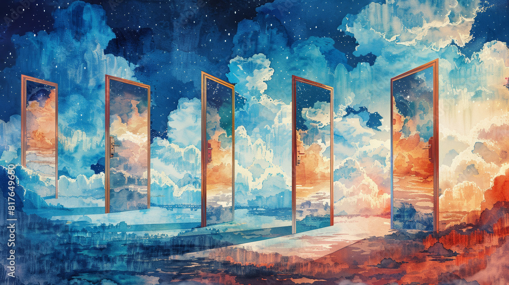 Watercolor depicting a series of doors floating in the sky, each ...