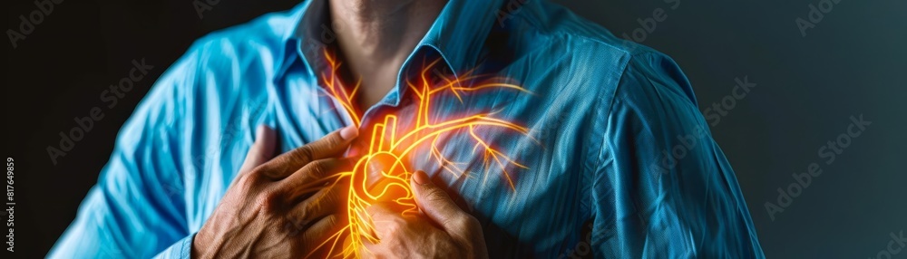 Gentleman touching his chest where a vibrant heart and pulse line ...