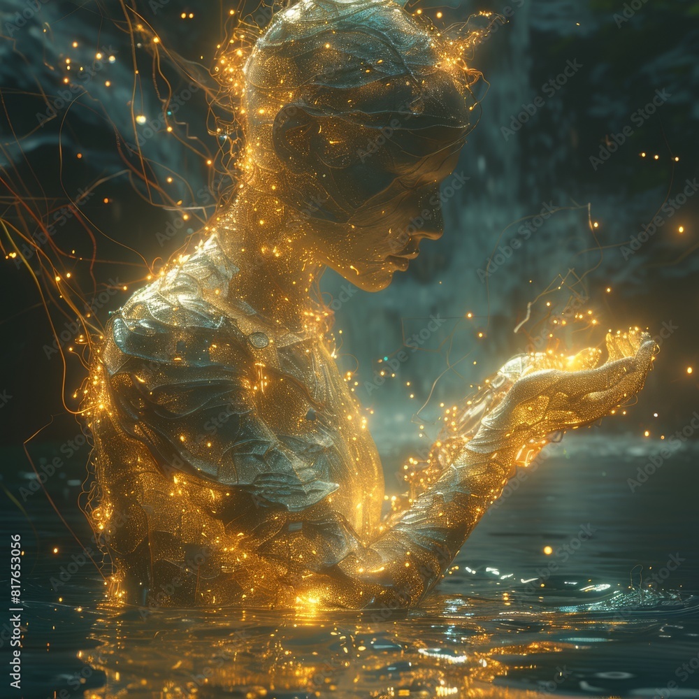 A visually striking depiction of a man emerging from sparkling digital ...