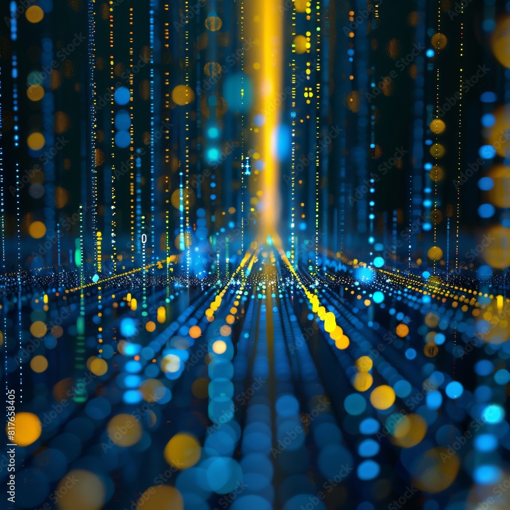 Blue and yellow glowing data lake particles form a futuristic tunnel ...