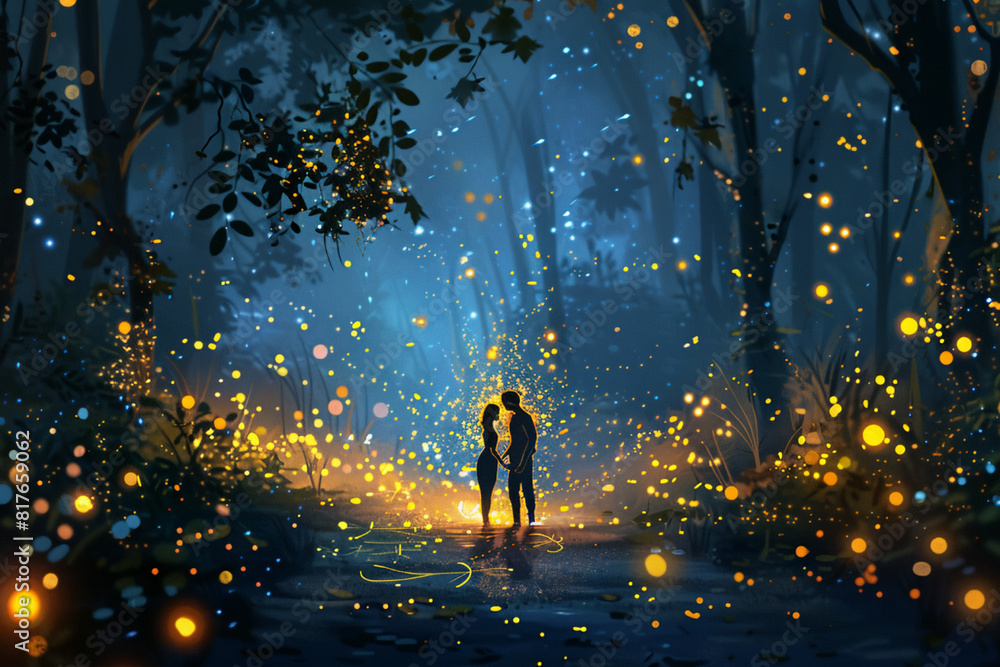 Fireflies gathering around a courting pair of fireflies, their ...
