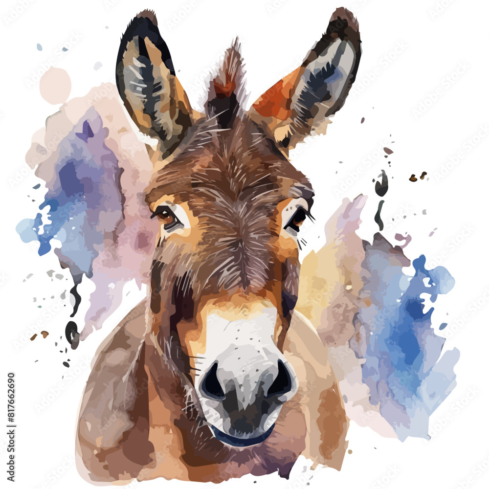 Watercolor drawing of a donkey, isolated on a white background ...