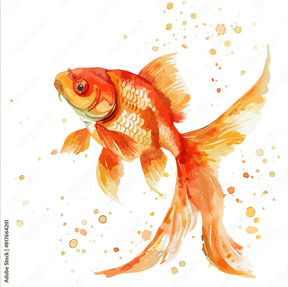 Watercolor of a gold fish (goldfish), isolated on a white background ...