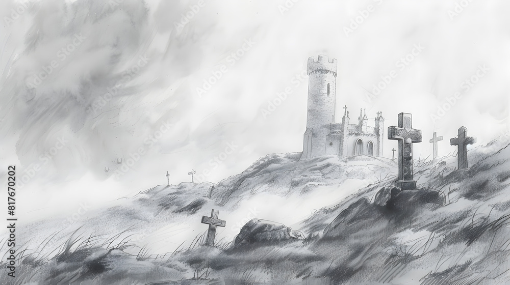 A serene scene of an ancient Irish monastery nestled among mist-covered ...