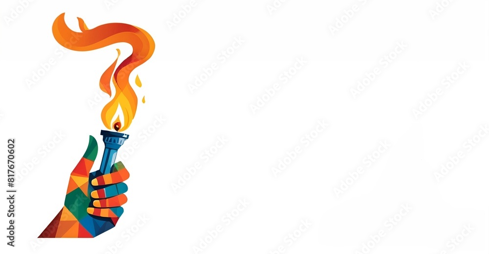 a torch with the Olympic flame in the hands of athlete in a watercolor ...