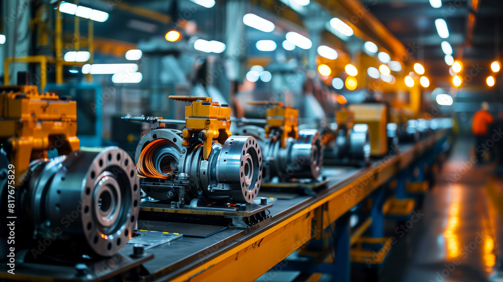 Line of heavy machinery parts on an assembly line in a factory ...