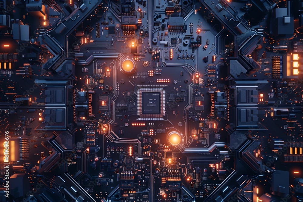 3D rendering of abstract computer circuit motherboard, for educational ...