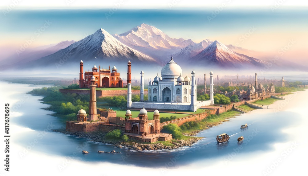 watercolor painting featuring significant landmarks of India, including ...