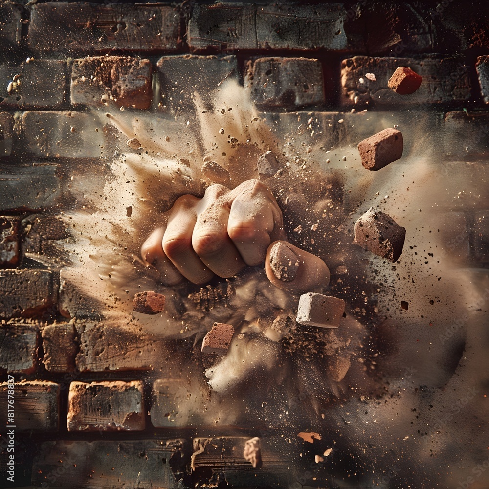 Fist Shattering through Brick Wall A Dramatic Surrealism of Power and ...