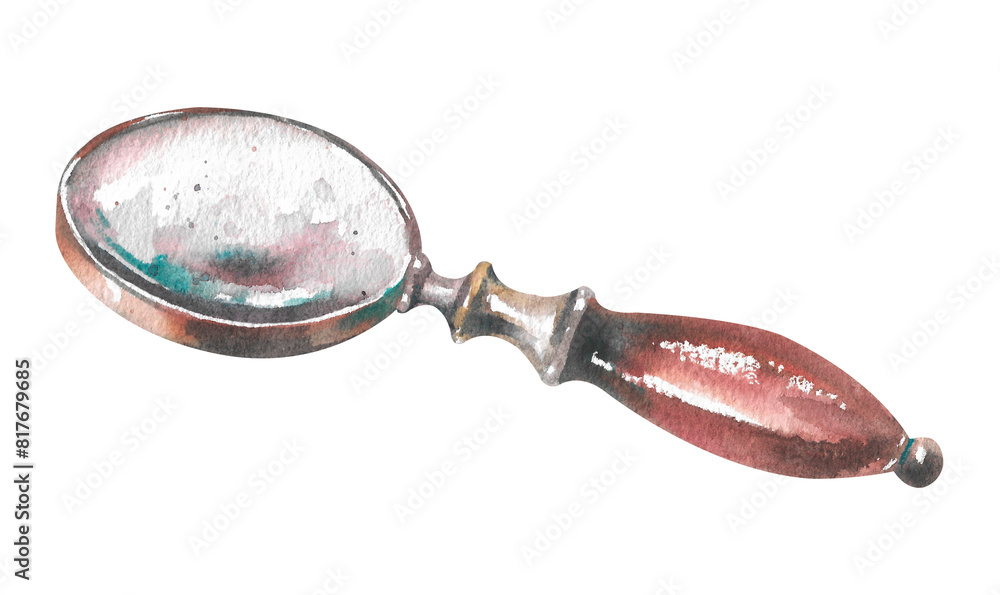 Vintage magnifying glass with wooden handle. Hand drawn watercolor ...