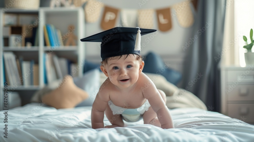 Baby wearing graduation cap on bed. Home lifestyle portrait photography ...