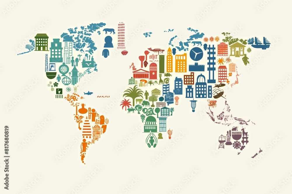 Stylized world map illustration with iconic cultural, architectural ...