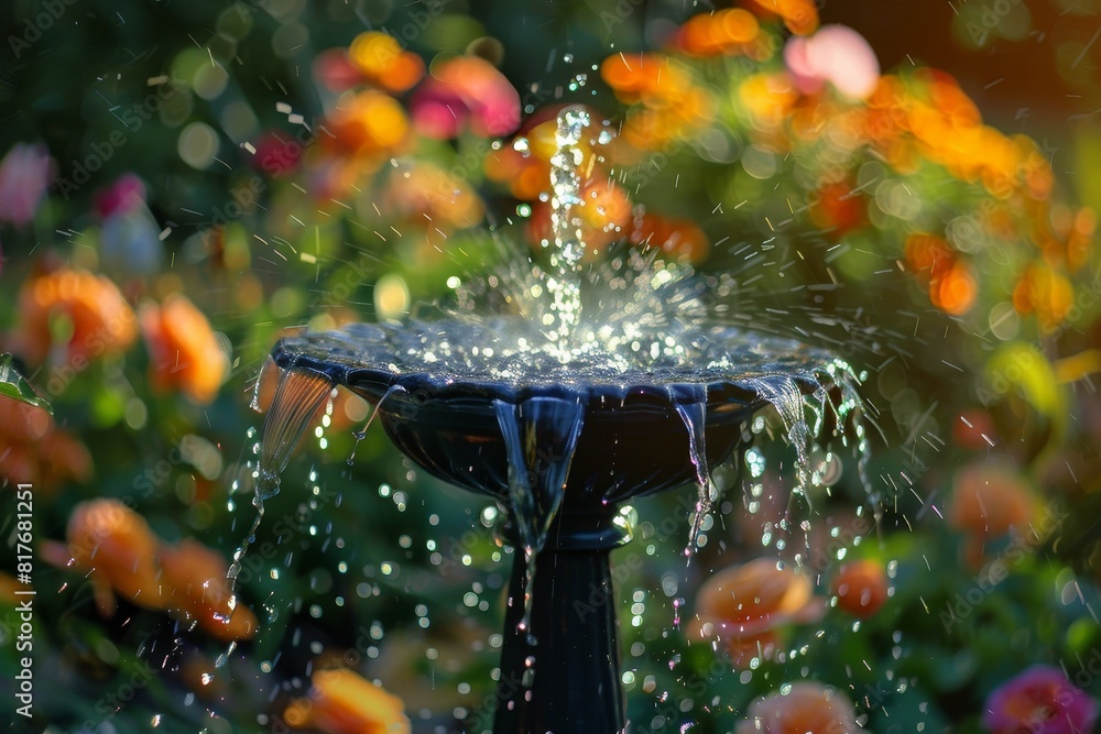 Bird bath fountain in flower garden with water shooting up and falling ...