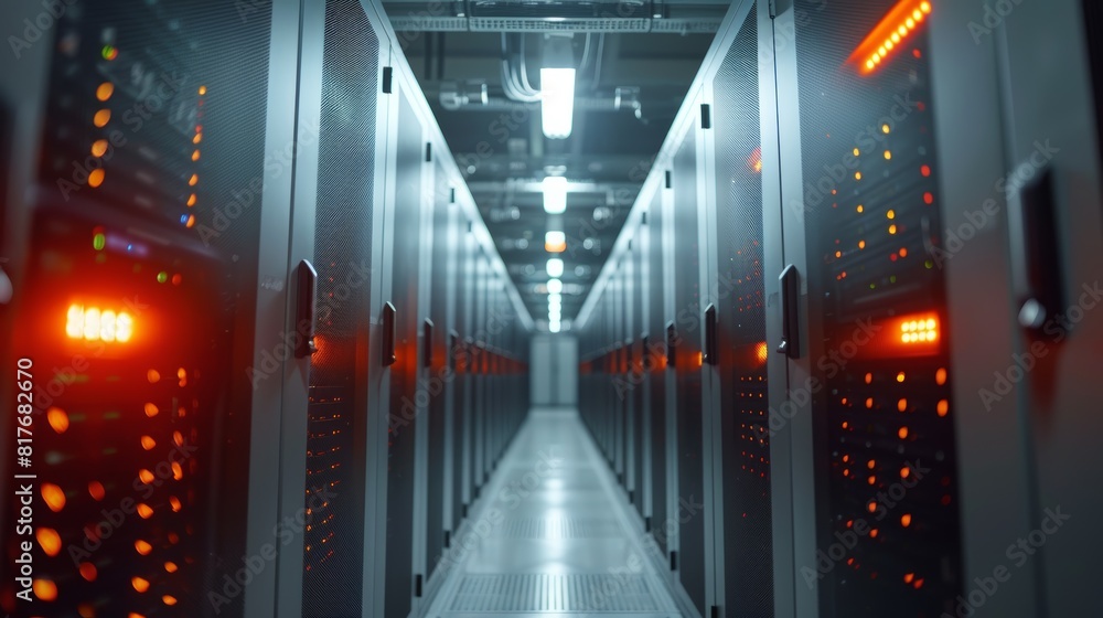 The image shows a long, narrow room filled with tall, metal server ...