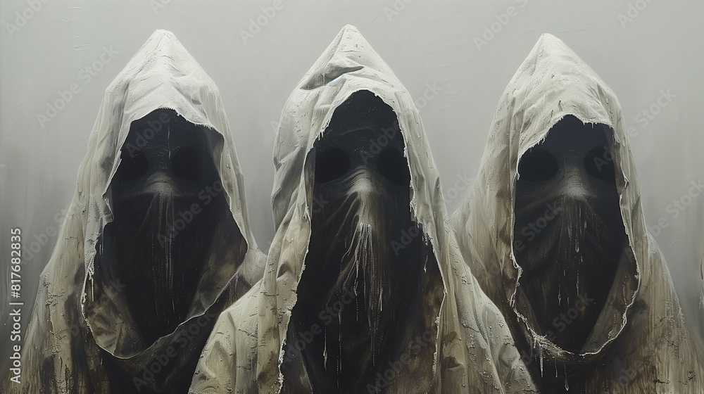 Three hooded figures with dark, obscured faces and tattered white robes ...