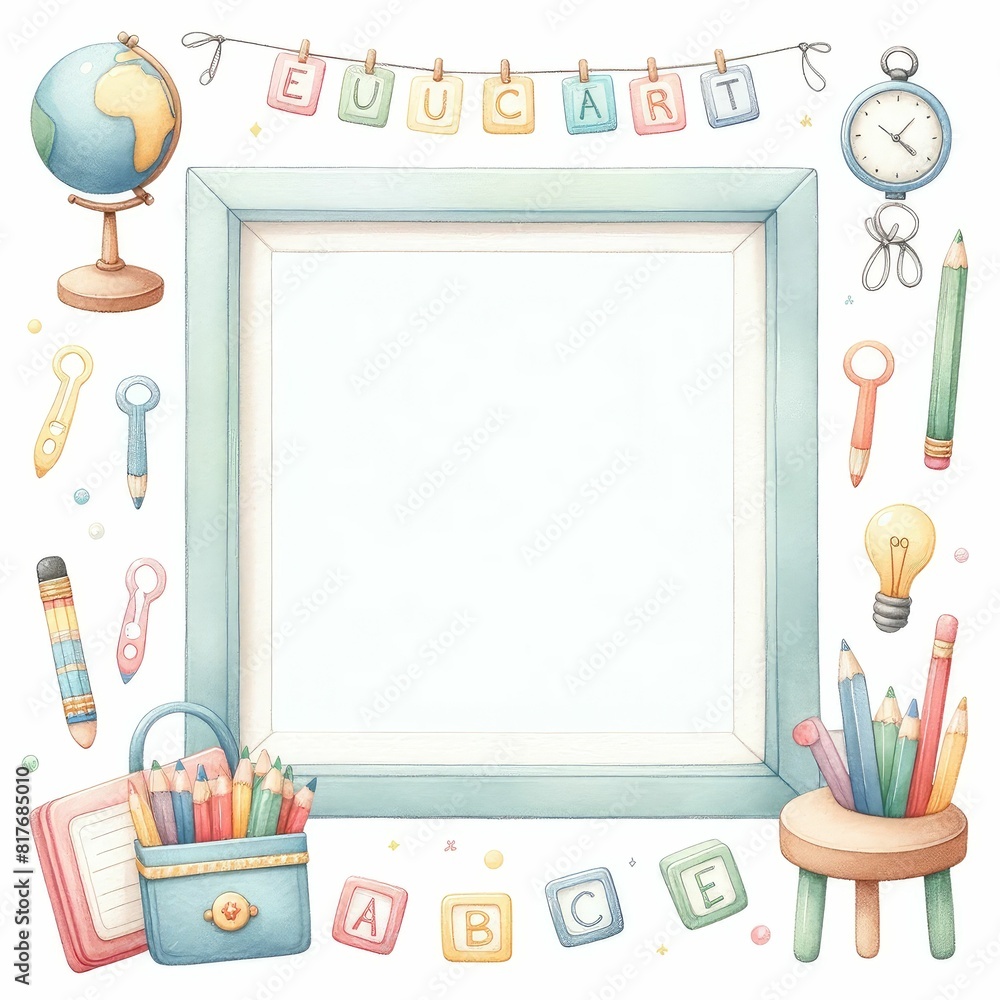 Education themed frame or border for photos and text, watercolor ...
