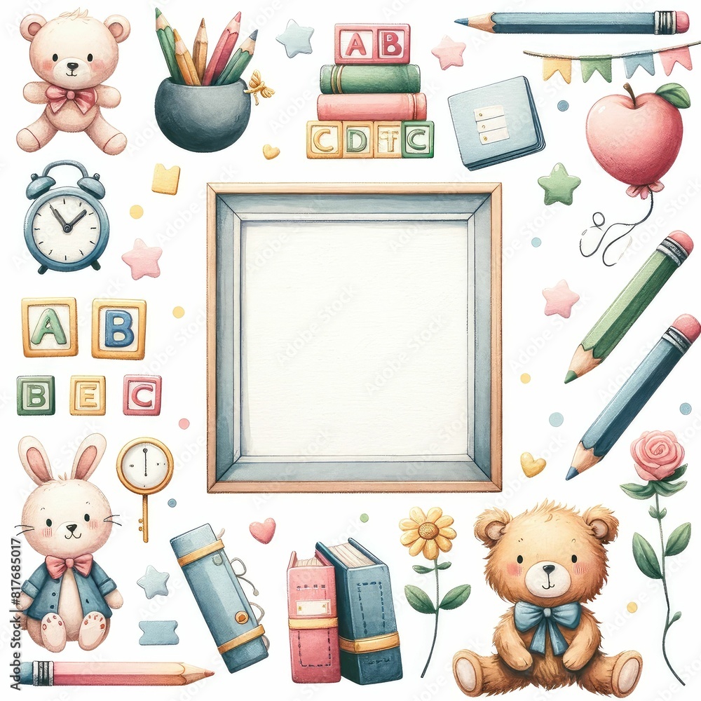 Education themed frame or border for photos and text, watercolor ...