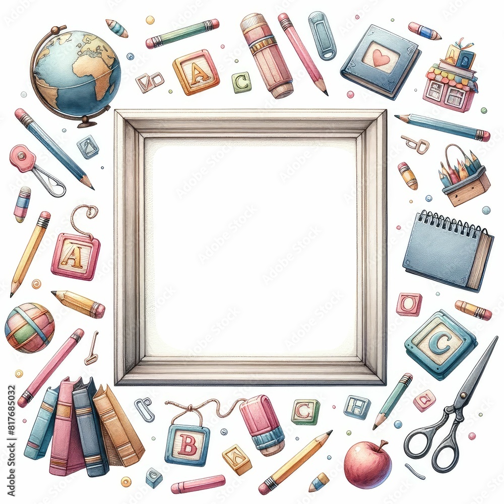 Education themed frame or border for photos and text, watercolor ...