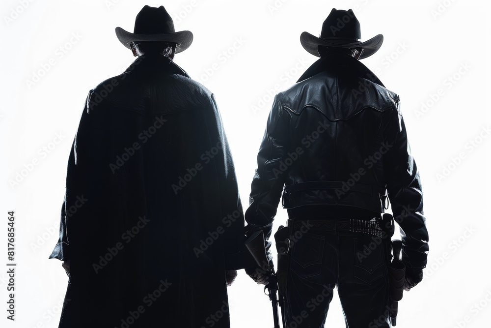 Medium shot of two outlaw cowboys standing side by side in silhouette ...