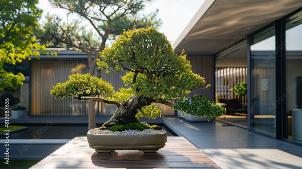 Beautiful and well-maintained bonsai tree in front of a minimalist ...