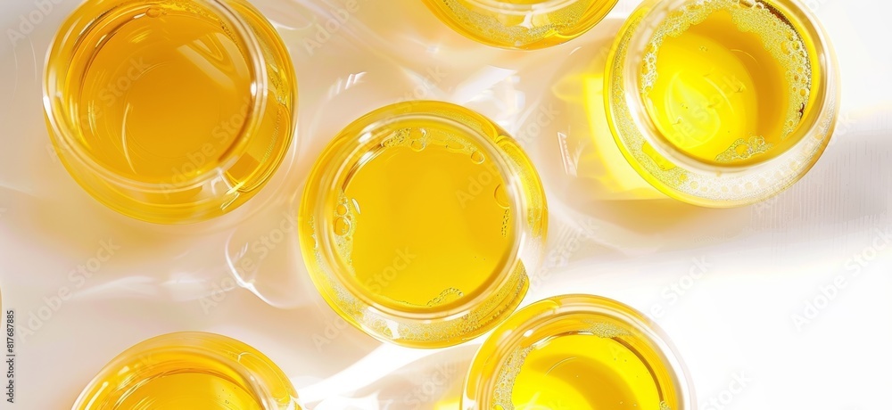 yellow liquide in Erlenmeyers taken from above, background white ...