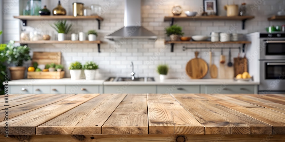 Wooden table-top view for product montage over blurred modern kitchen ...