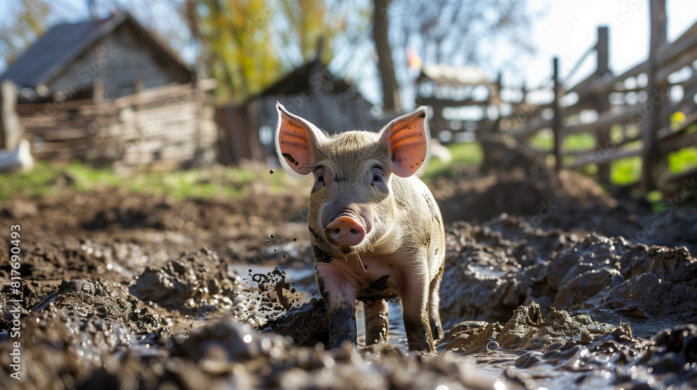 little pig playing alone in the mud in front of the farm, the details ...