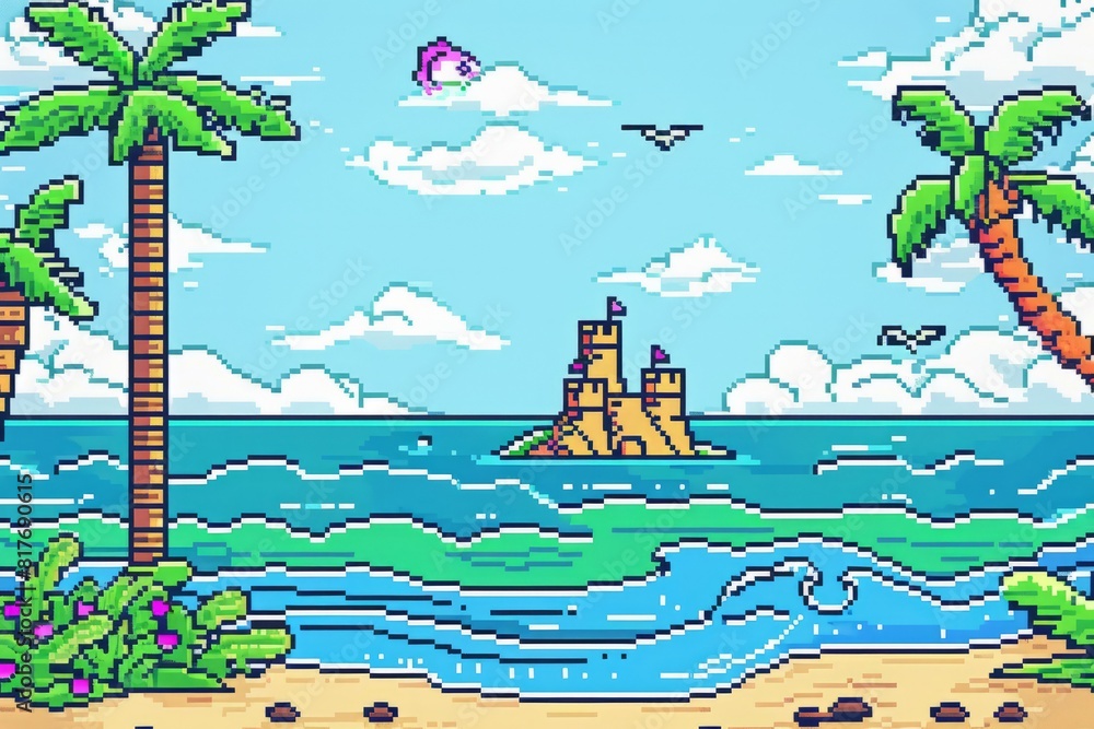 Cartoon cute doodles of a pixelated beach scene with palm trees ...