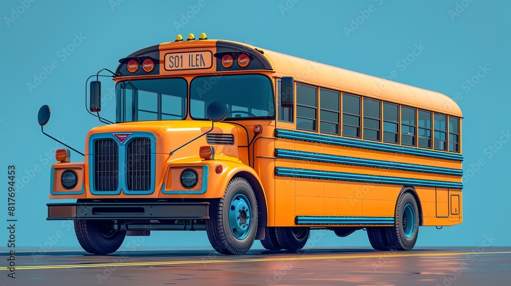 School bus flat design front view transportation theme cartoon drawing ...